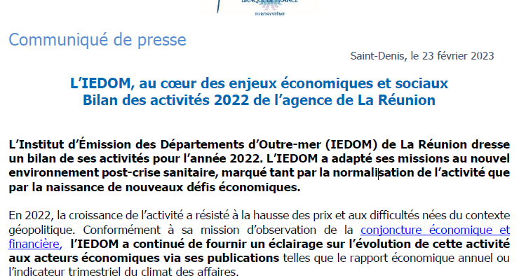 Bilan de l'activité 2022 de l'agence IEDOM de La Réunion